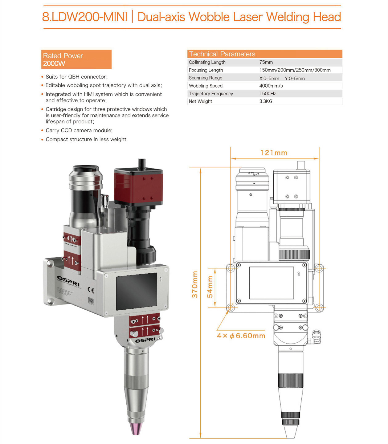 OSPRI LDW200-MINI Dual-axis wobble laser welding head for 2000W fiber ...