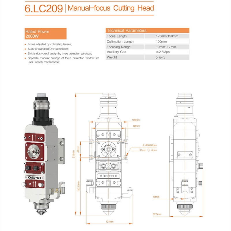 OSPRI LC209 manual focus laser cutting head for 2000W fiber laser ...